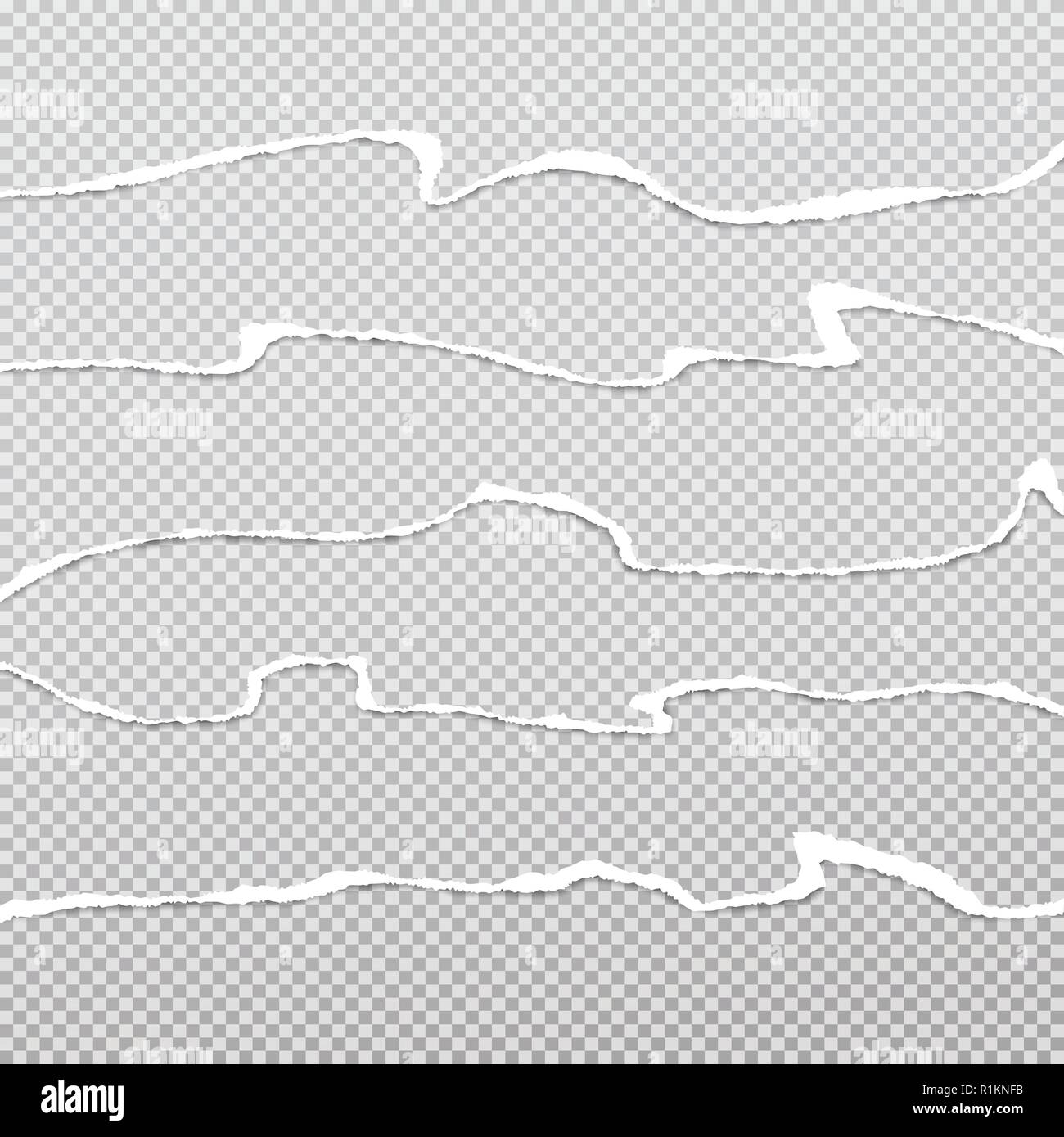 White horizontal ripped paper strips for text or message are on grey ...