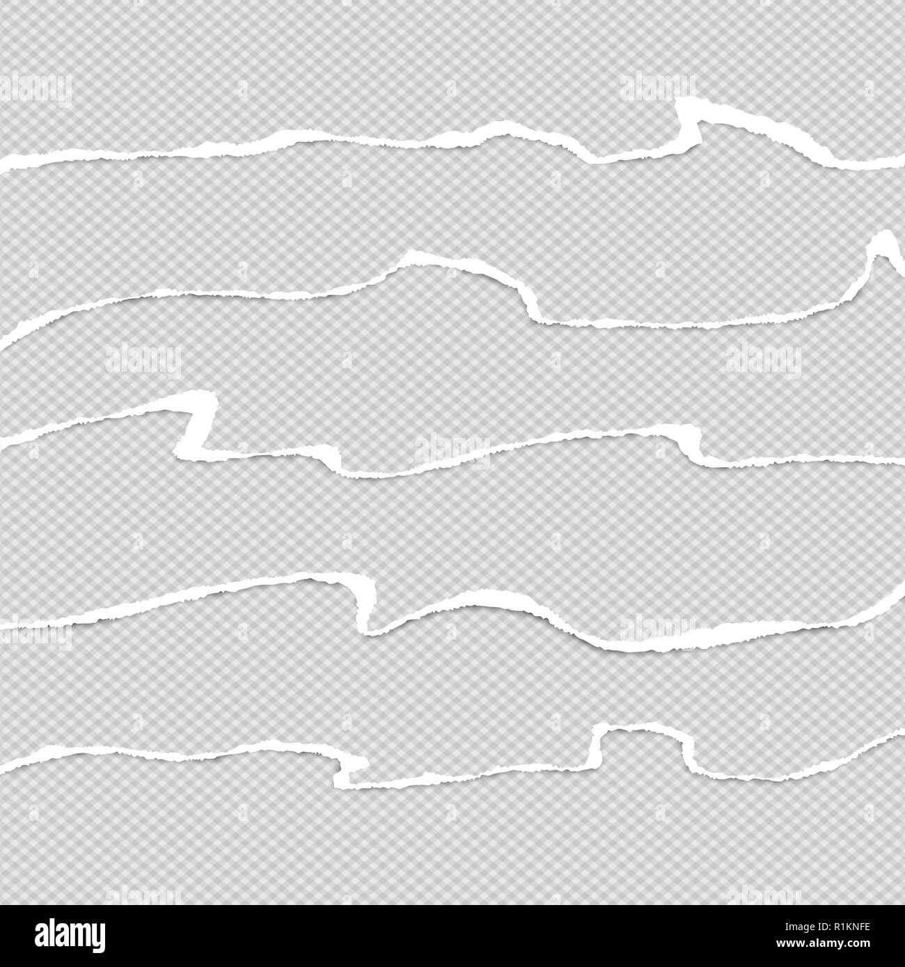 White horizontal ripped paper strips for text or message are on grey ...