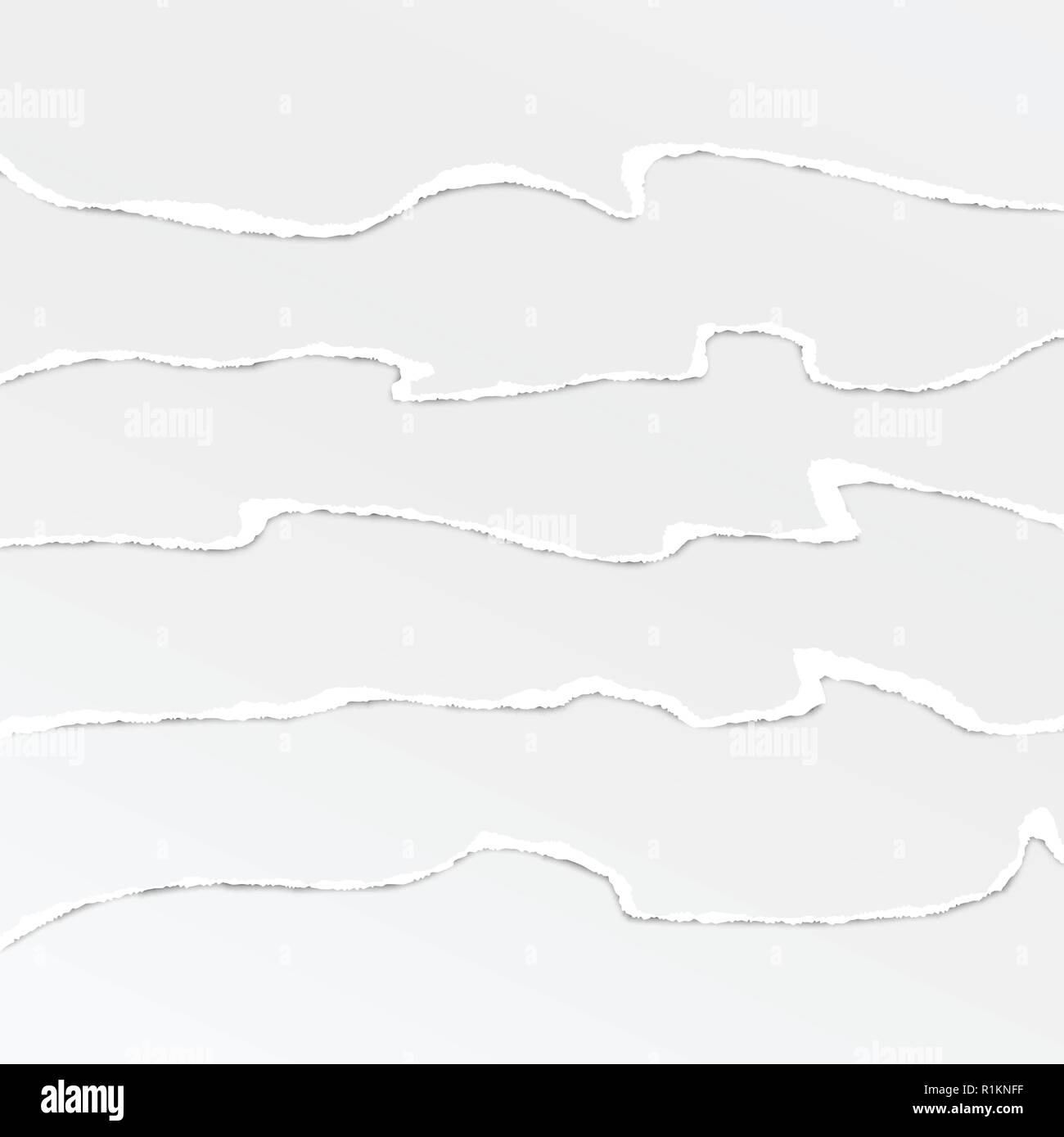 White horizontal ripped paper strips for text or message are on white ...