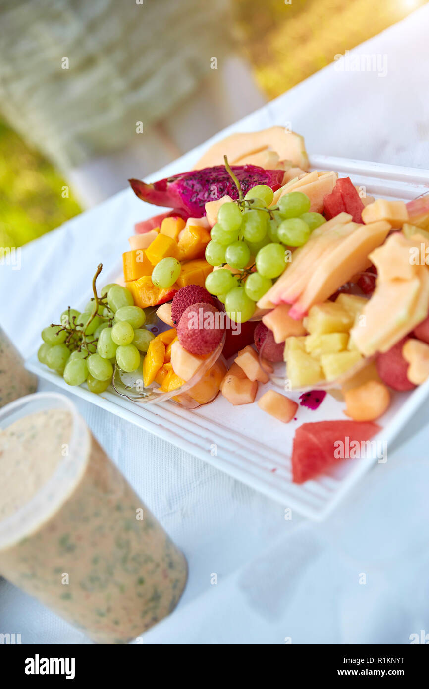 healthy food, plate with fruit Stock Photo - Alamy
