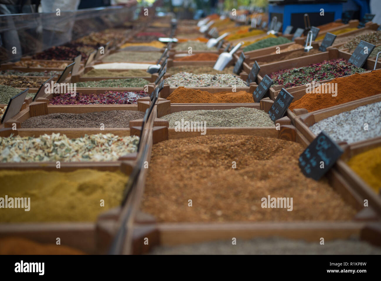 Spices stand in a street market in Turin Stock Photo - Alamy