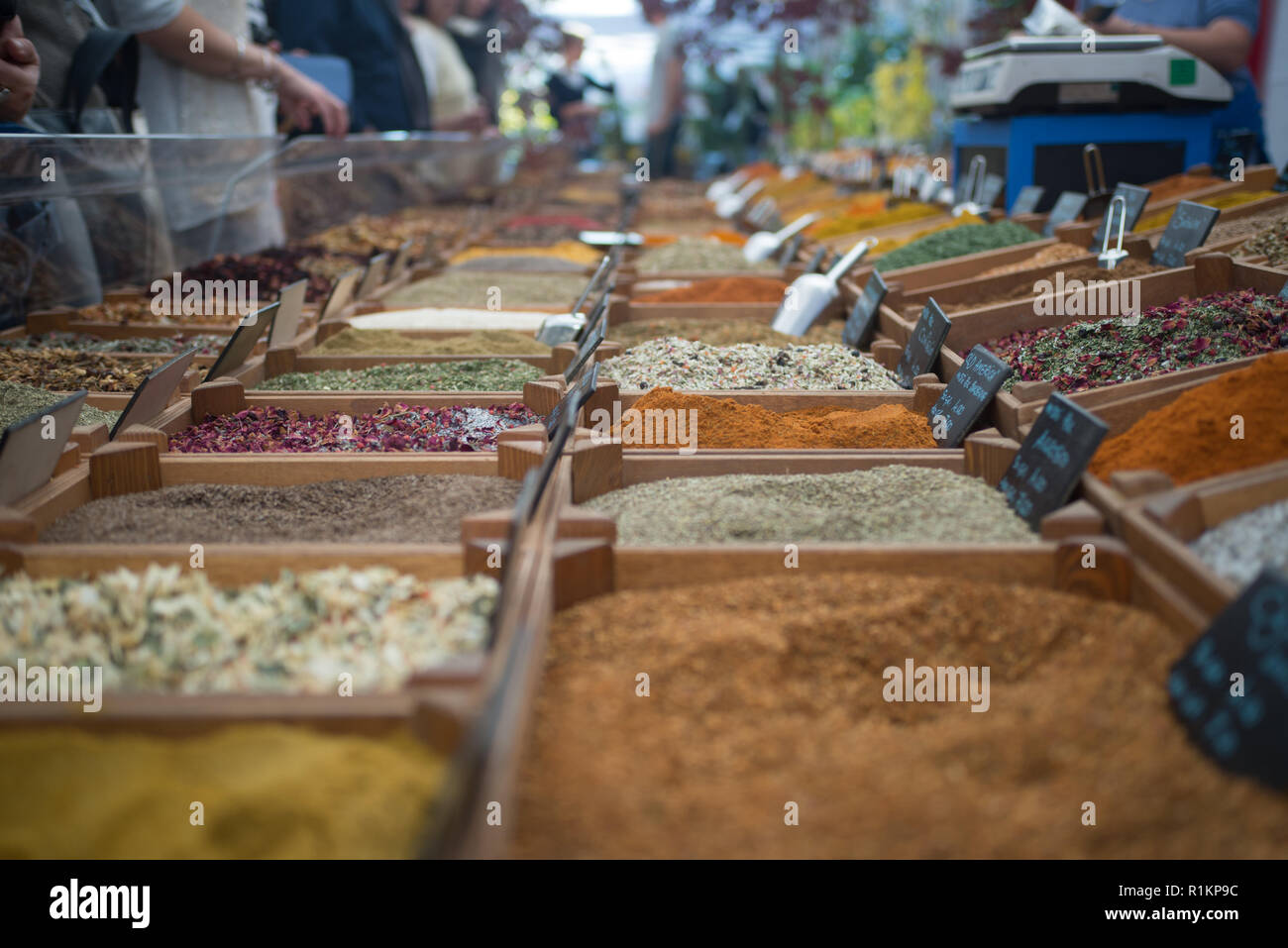 Spices stand in a street market in Turin Stock Photo - Alamy