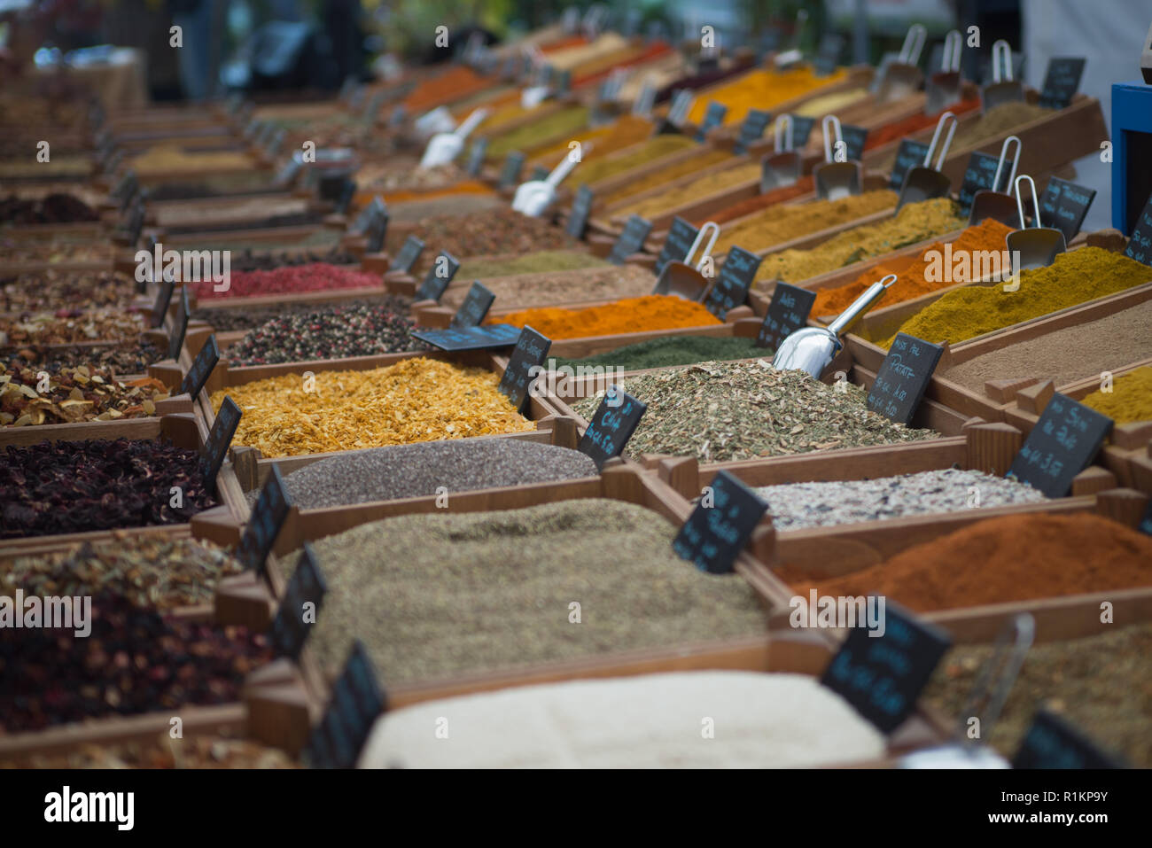 Spices stand in a street market in Turin Stock Photo - Alamy
