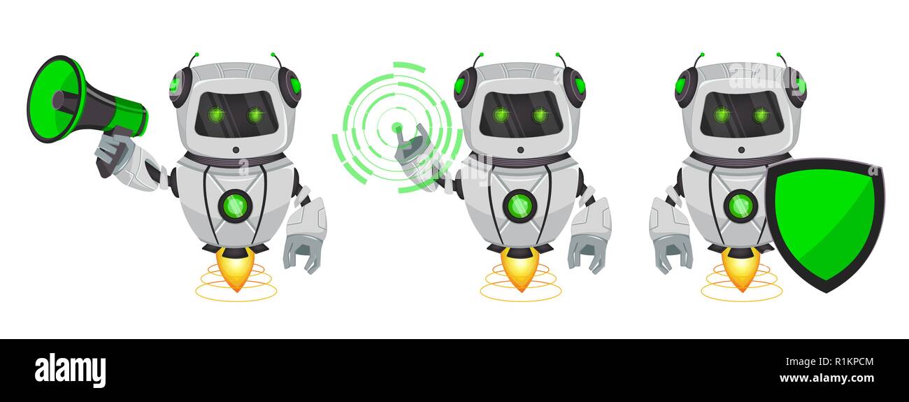 Robot with artificial intelligence, bot, set of three poses. Funny cartoon character holds ...