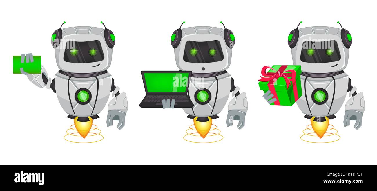 Robot with artificial intelligence, bot, set of three poses. Funny ...