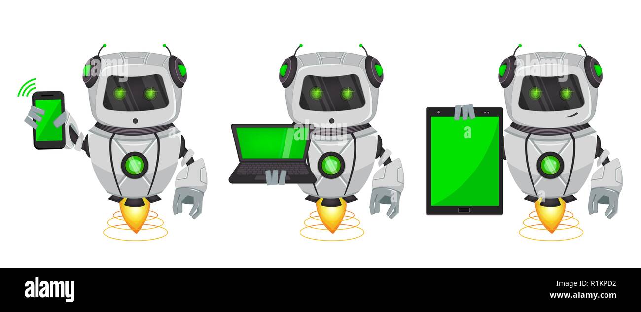 Robot with artificial intelligence, bot, set of three poses. Funny cartoon character holds ...