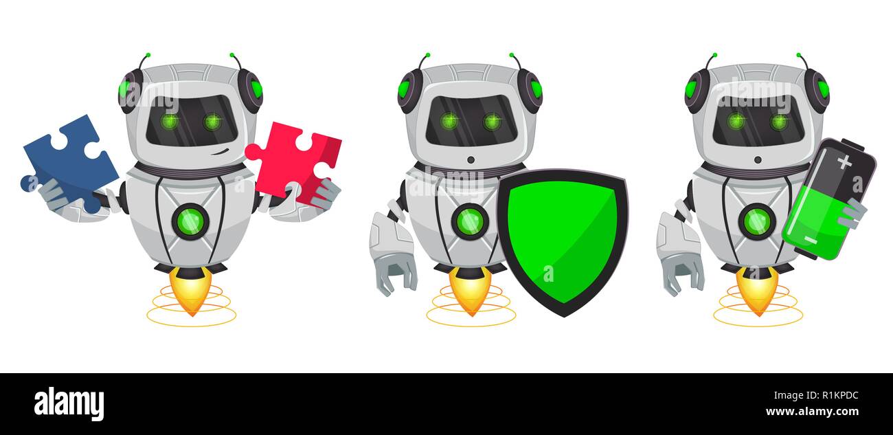 Robot with artificial intelligence, bot, set of three poses. Funny cartoon character holds ...