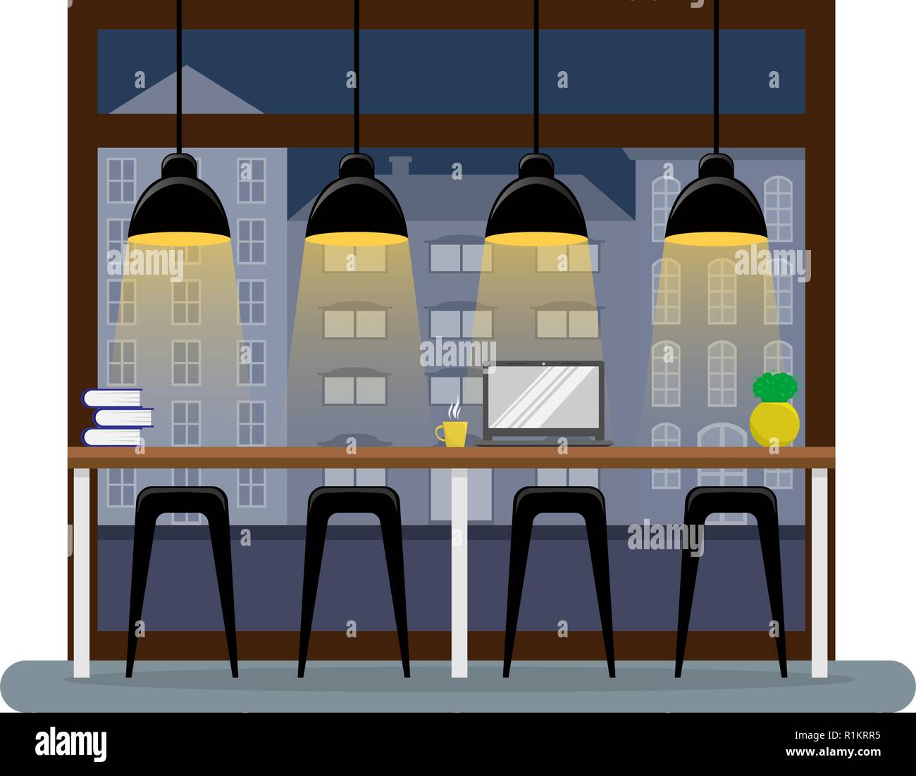 Bar counter at the panoramic window in the coffee house. City view ...