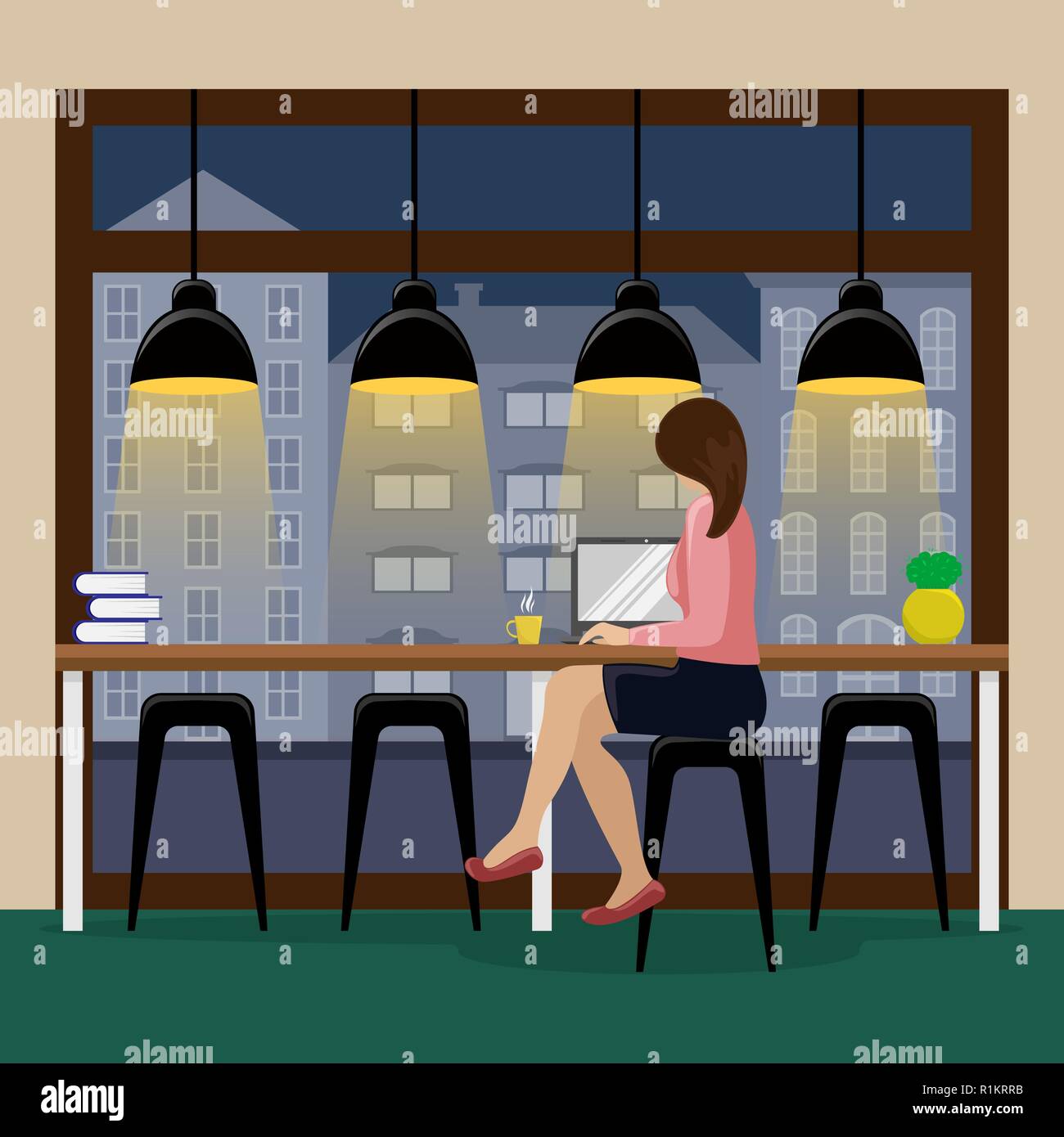 Woman working at the computer at the bar counter near the panoramic ...