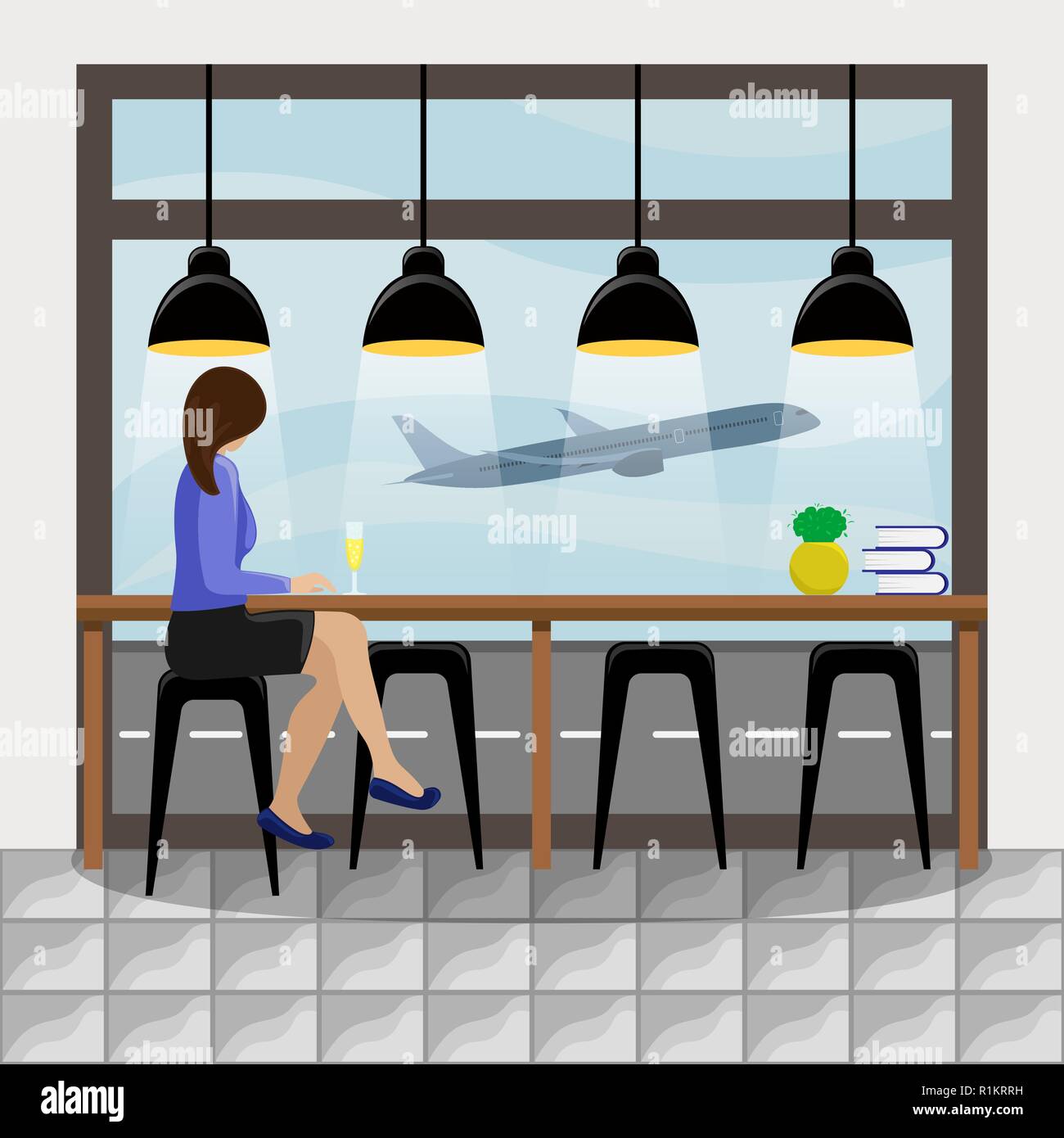 The girl behind the bar counter at the panoramic window at the airport ...