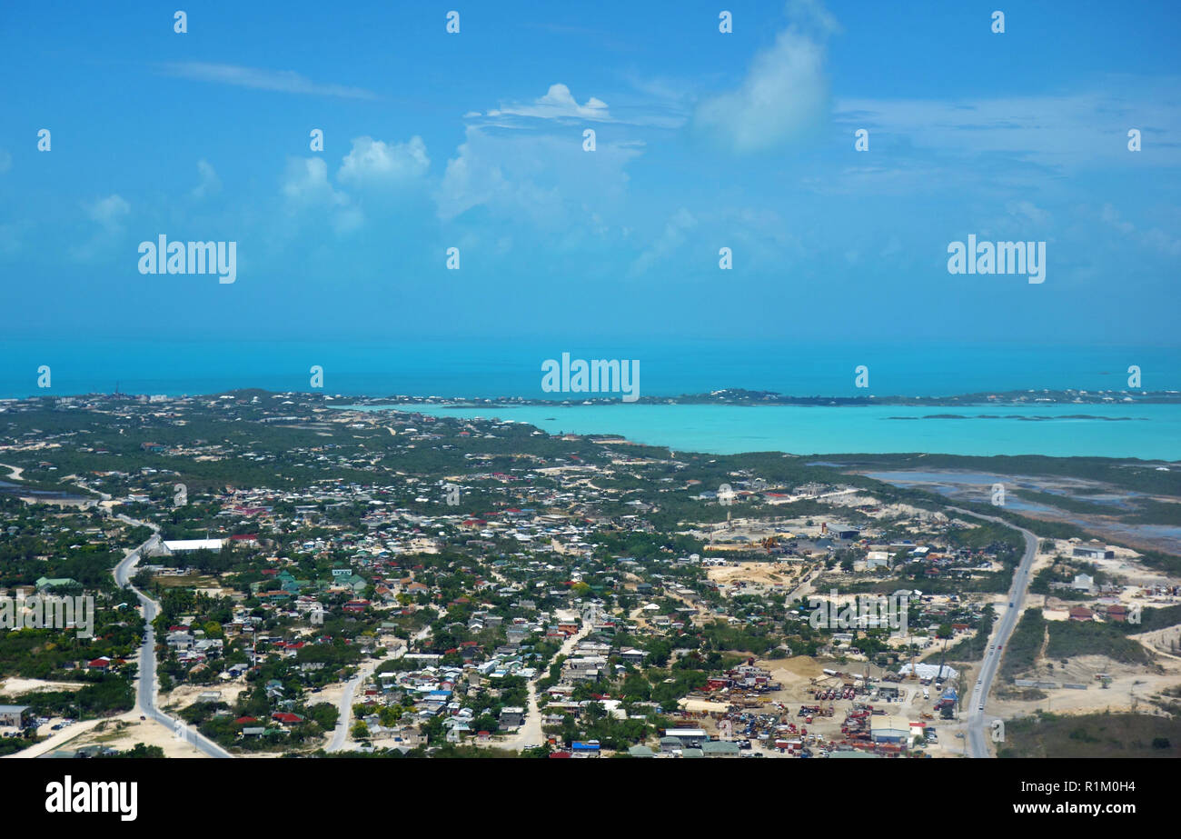 PROVIDENCIALES, TURKS AND CAICOS -8 JUL 2017- Aerial view of the island ...