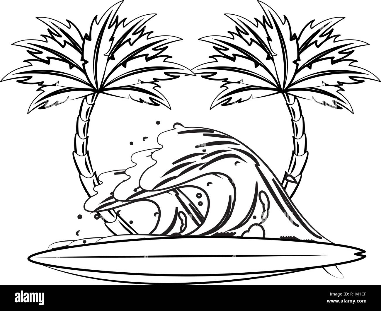 summer beach surf table with wave and palm trees cartoons sketch vector ...