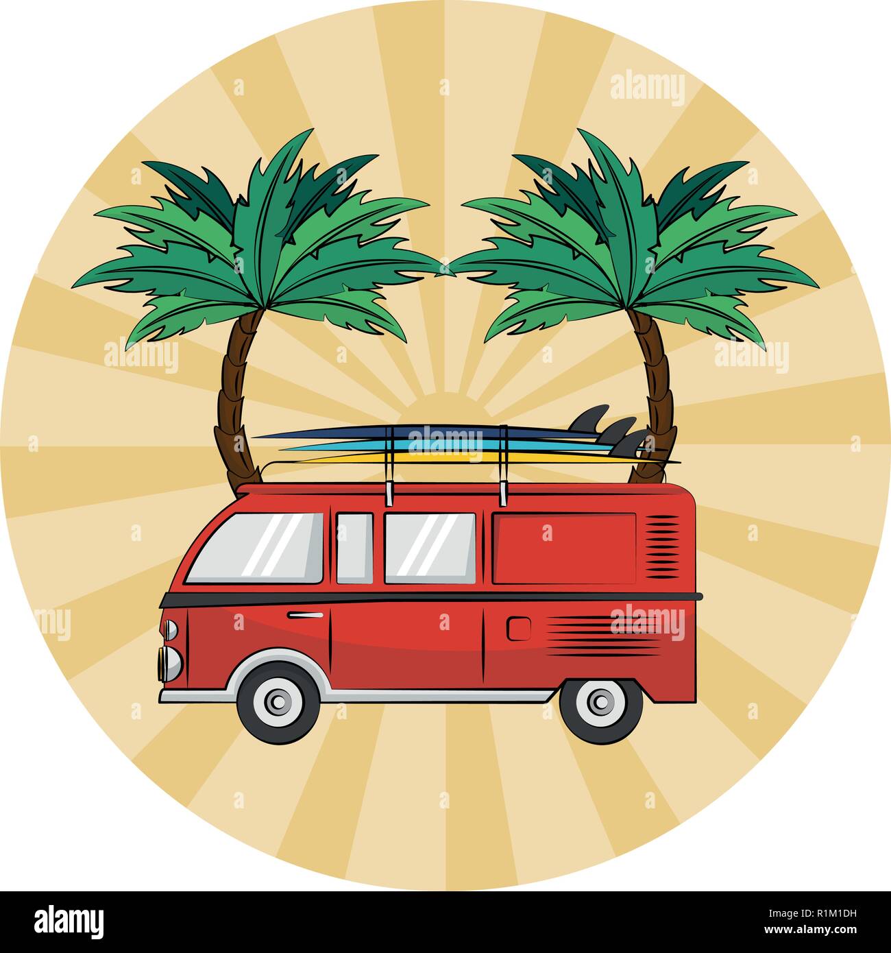 summer beach vintage car with palm tree cartoons sketch vector ...