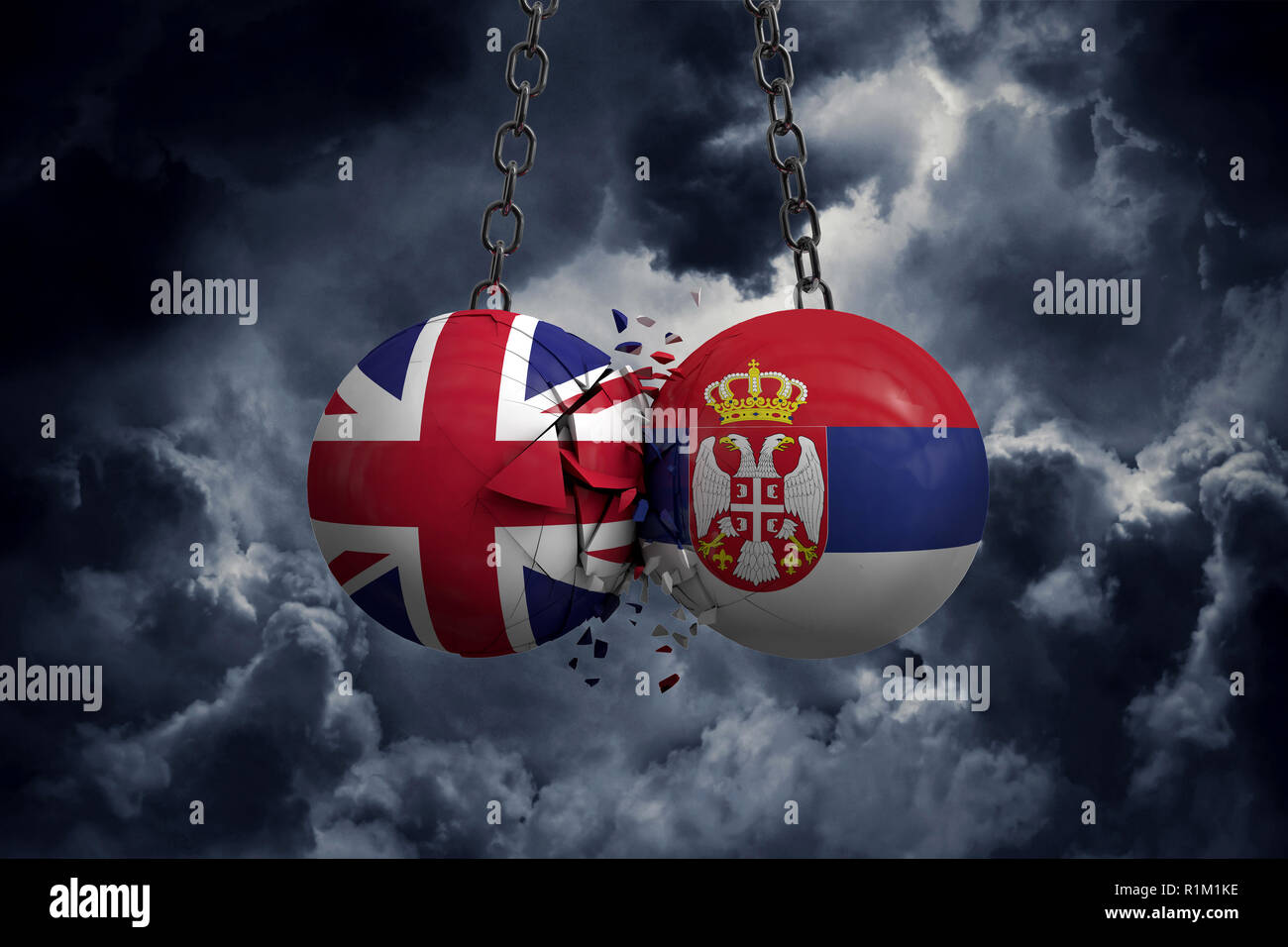 United Kingdom and Serbia flag political balls smash into each other ...