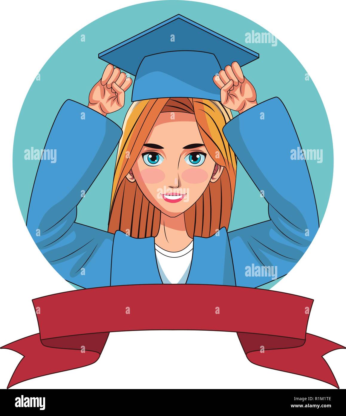 graduate young woman face with ribbon cartoon vector illustration ...