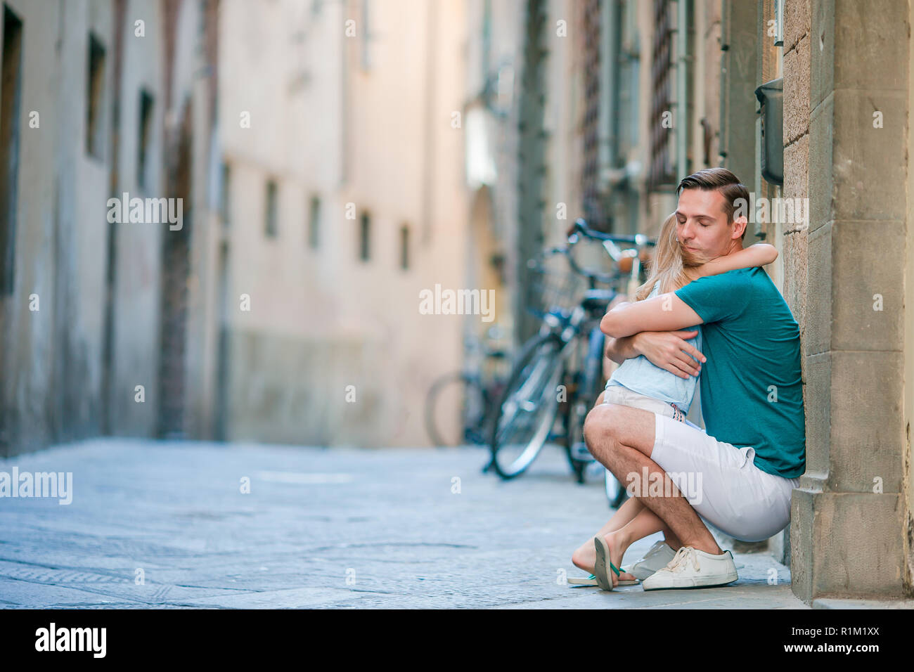Happy father and little adorable girl in Rome during summer italian ...