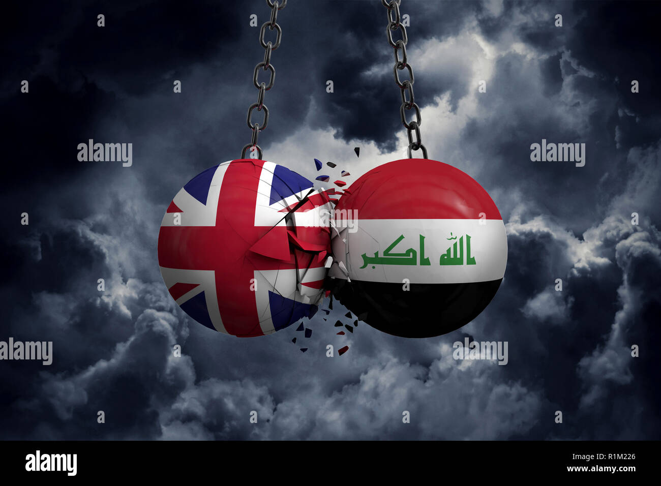 United Kingdom and Iraq flag political balls smash into each other. 3D ...