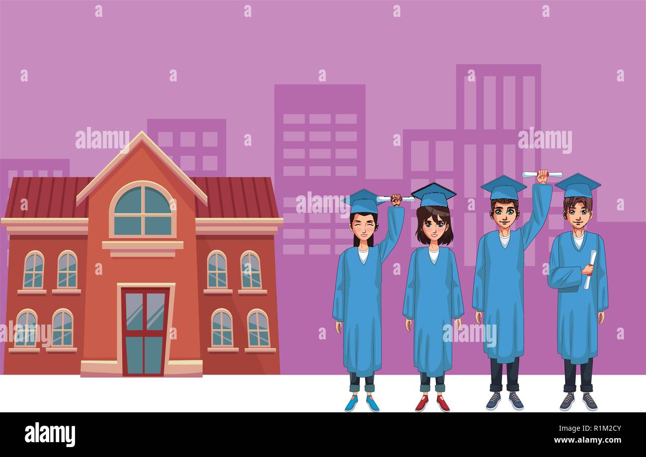graduate group of people in front of university cartoon vector ...