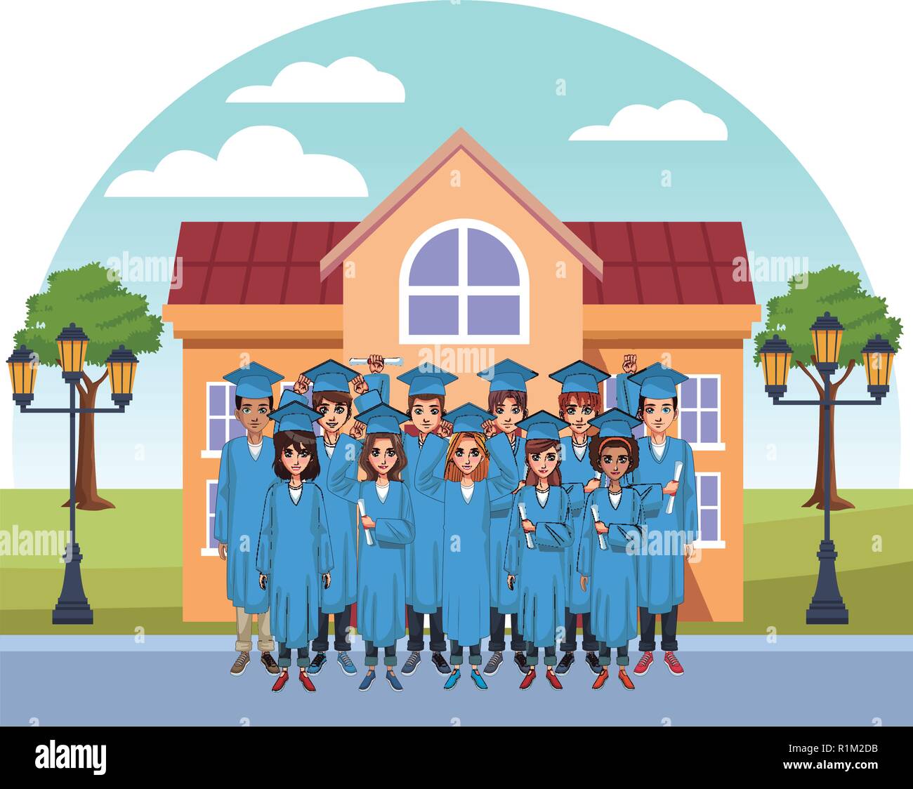 graduate group of people in front of university cartoon vector ...