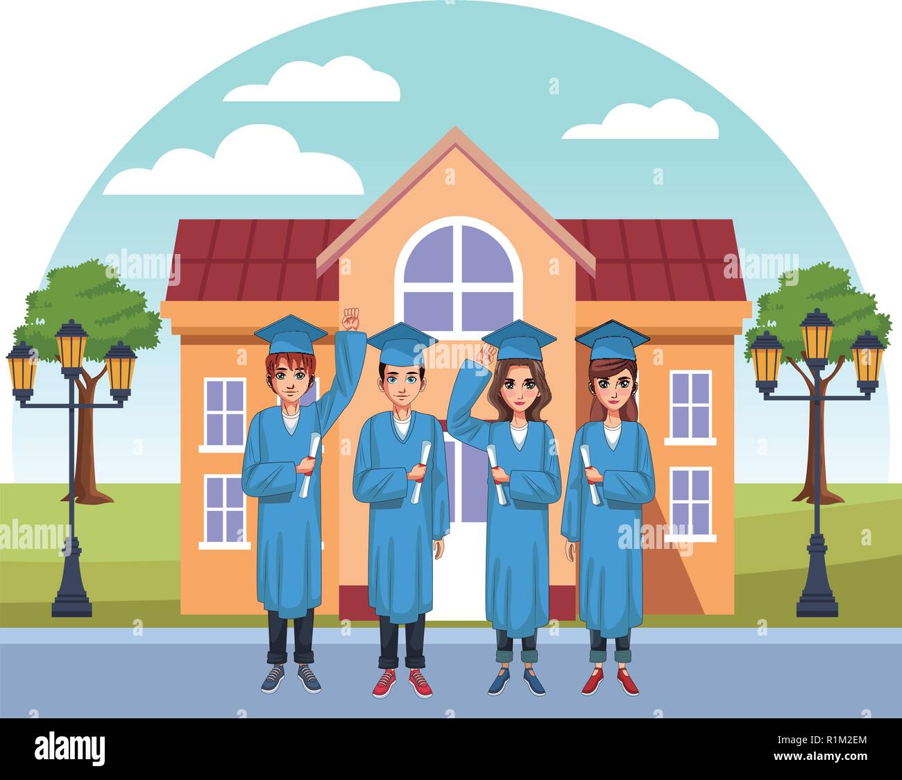 graduate group of people in front of university cartoon vector ...