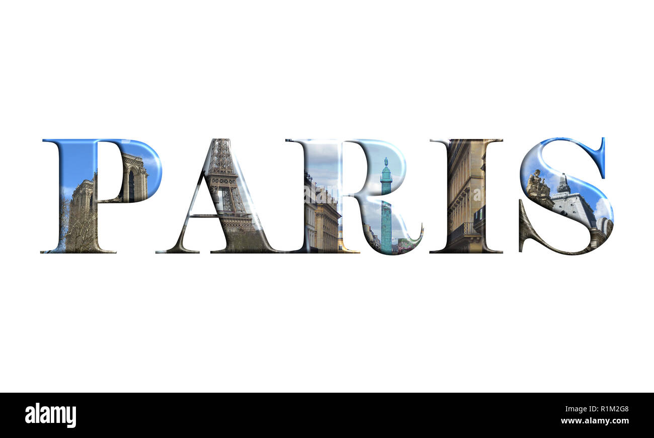 Paris letters with monuments isolated on white background Stock Photo ...