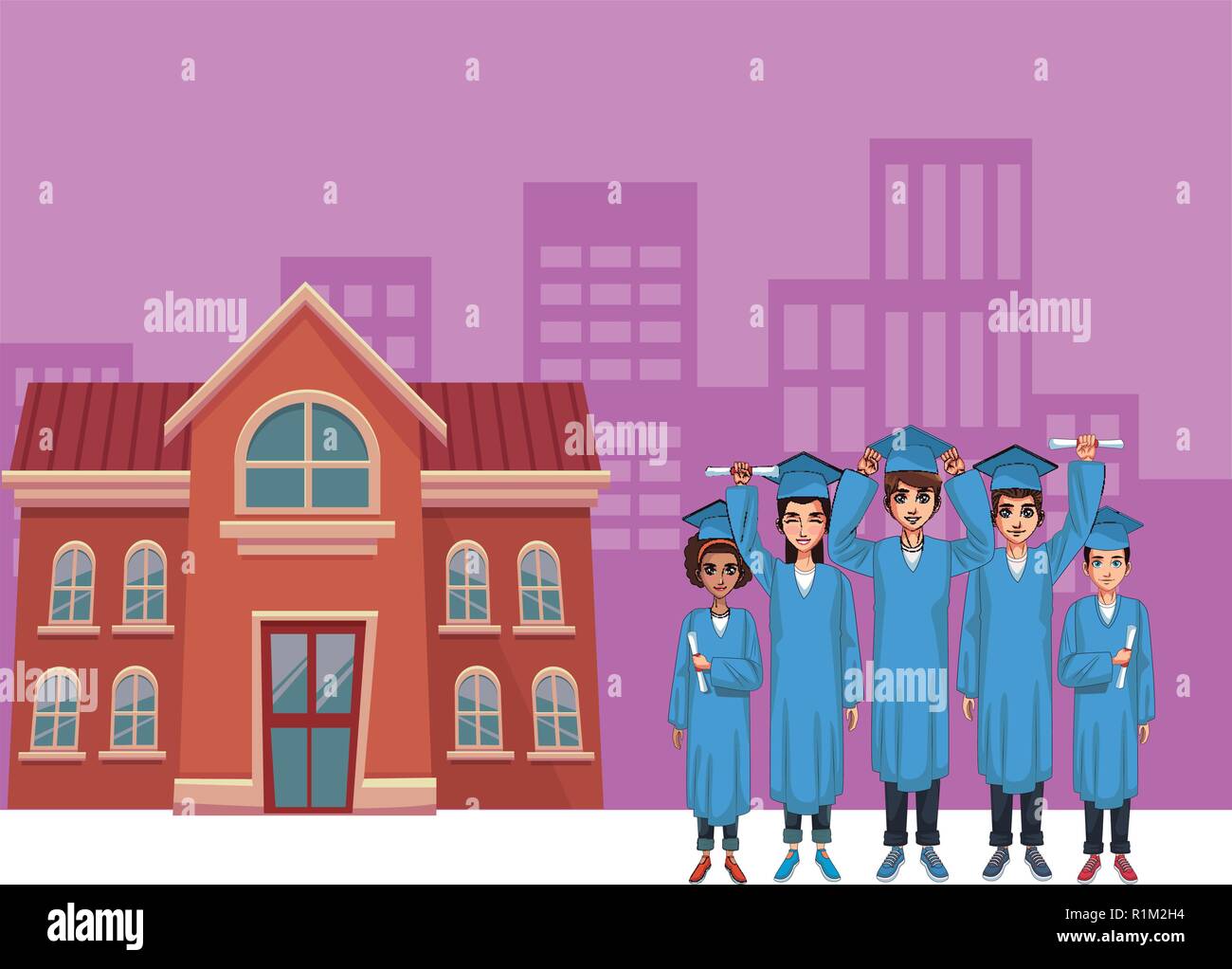 graduate group of people in front of university cartoon vector ...