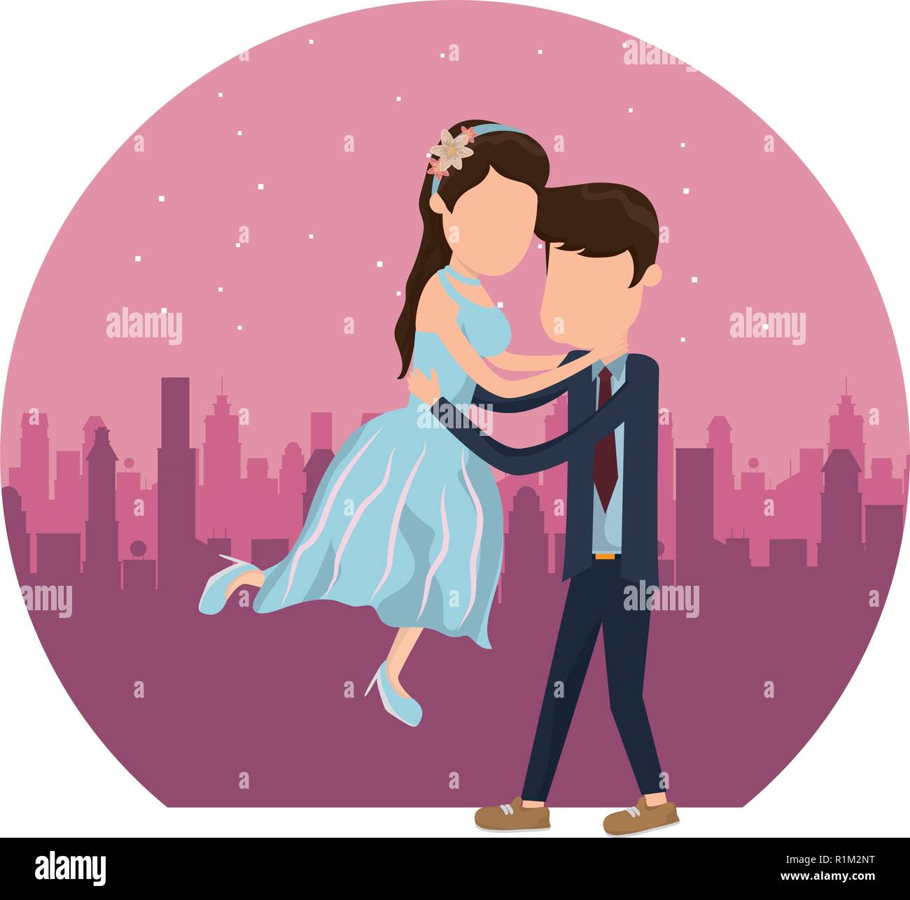 wedding couple dancing with purple city background cartoon vector ...