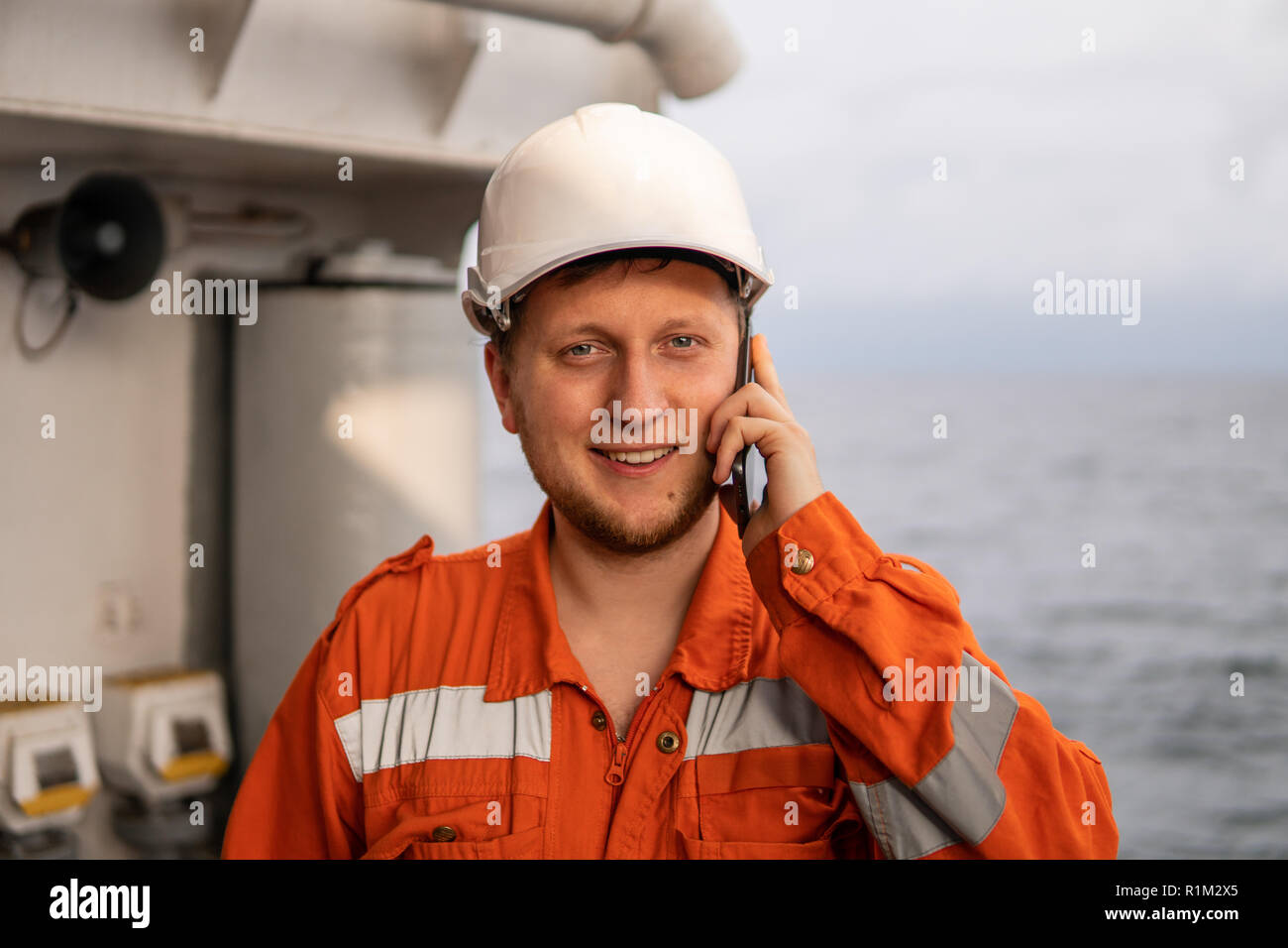 Marine Deck Officer or Chief mate on deck of vessel or ship Stock Photo ...