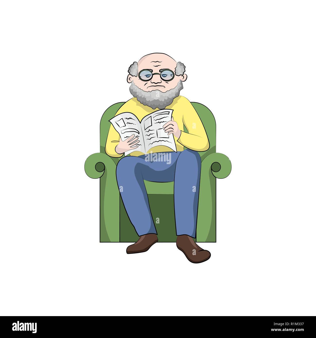 Grandfather in a chair reading a newspaper. Vector color illustration ...