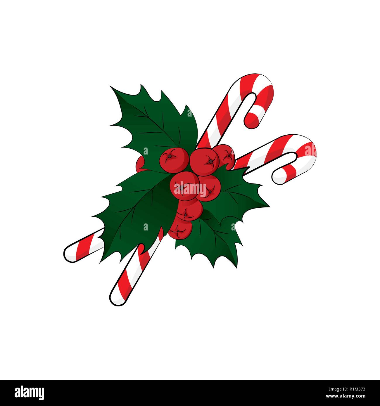 Candy Cane And Holly Berry Vector Color Illustration Stock Vector Image