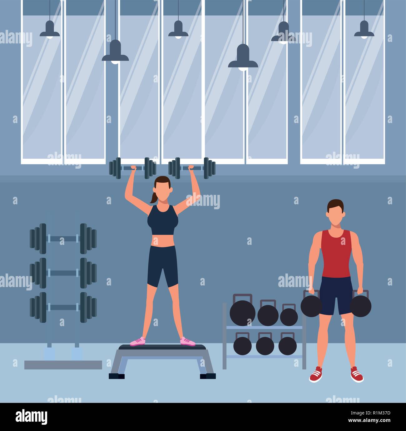 Fitness people training inside gym building scenery vector illustration ...
