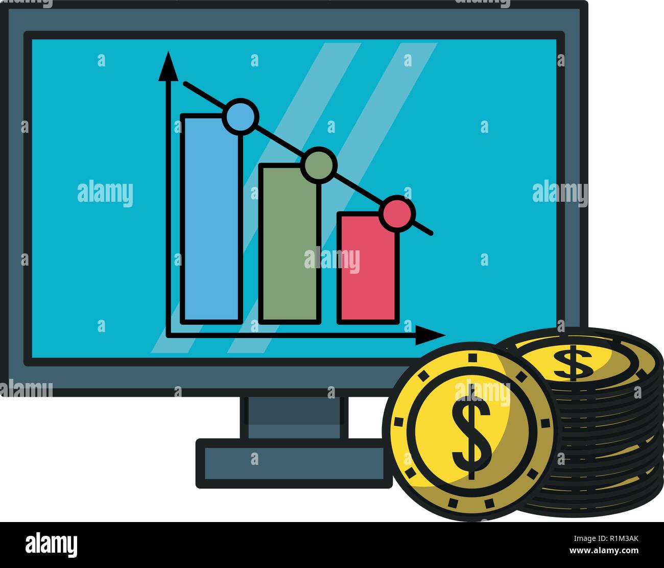 Computer with graph and coins vector illustration graphic design Stock ...