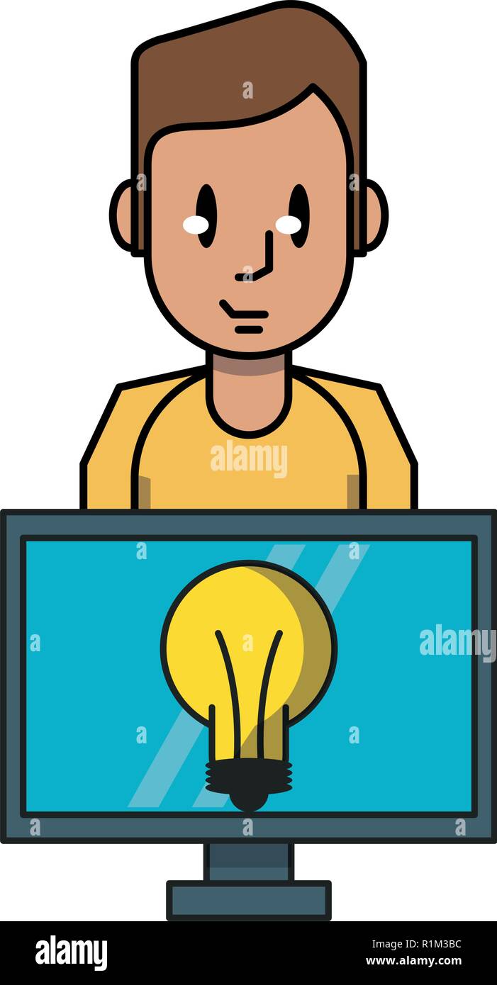Man with idea on computer vector illustration graphic design Stock ...