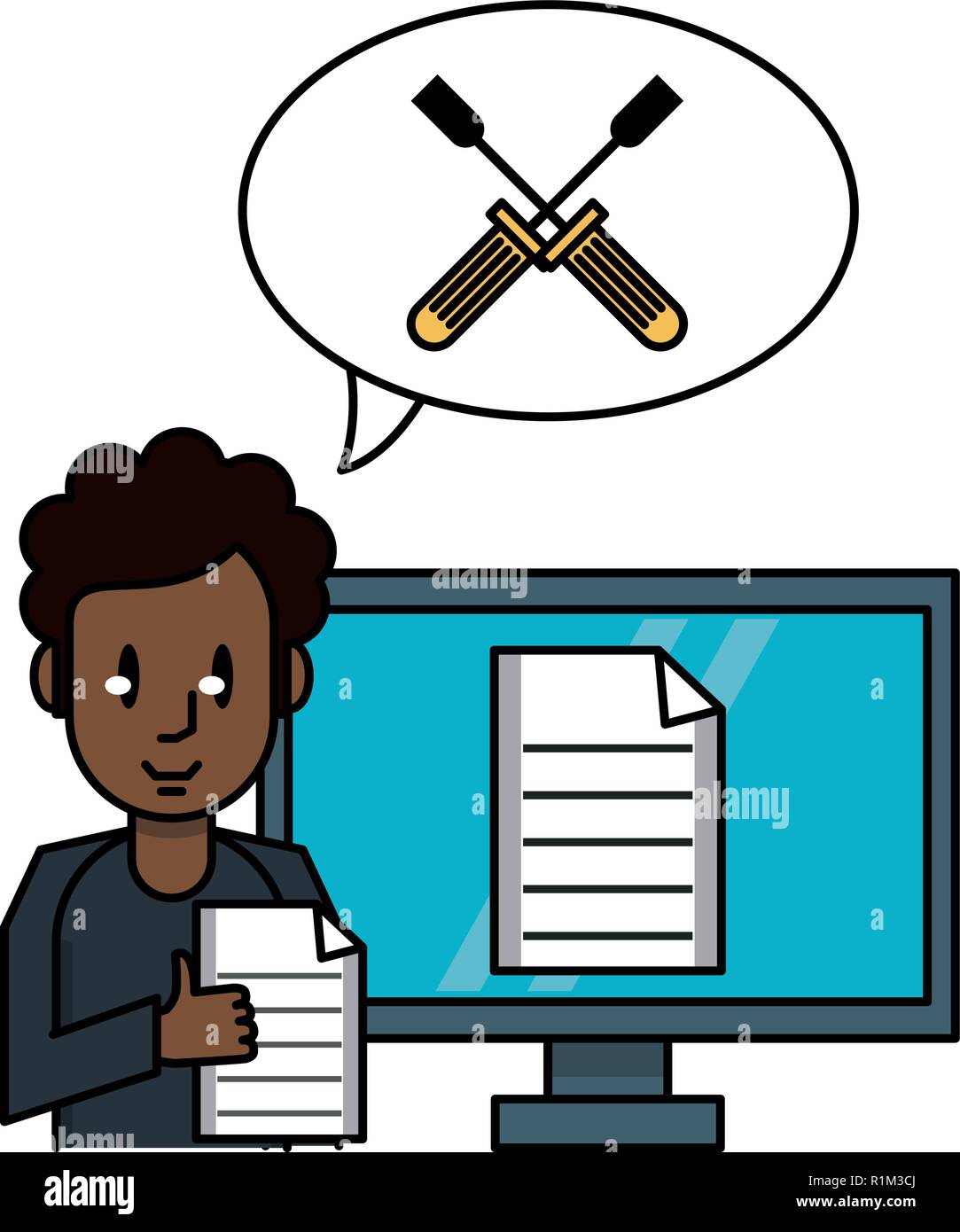 Man and computer technical support vector illustration graphic design ...