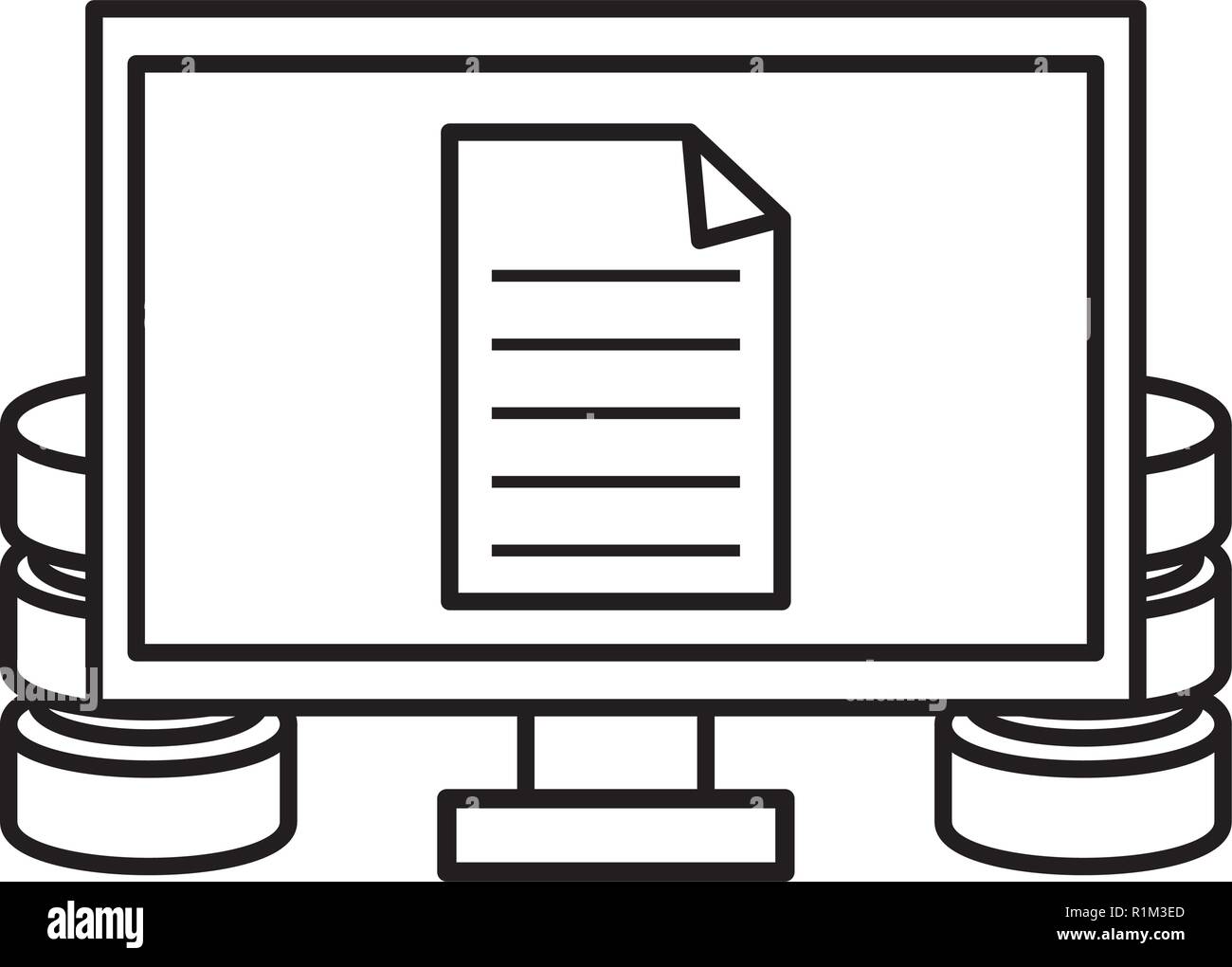 Computer with document and database black and white vector illustration ...