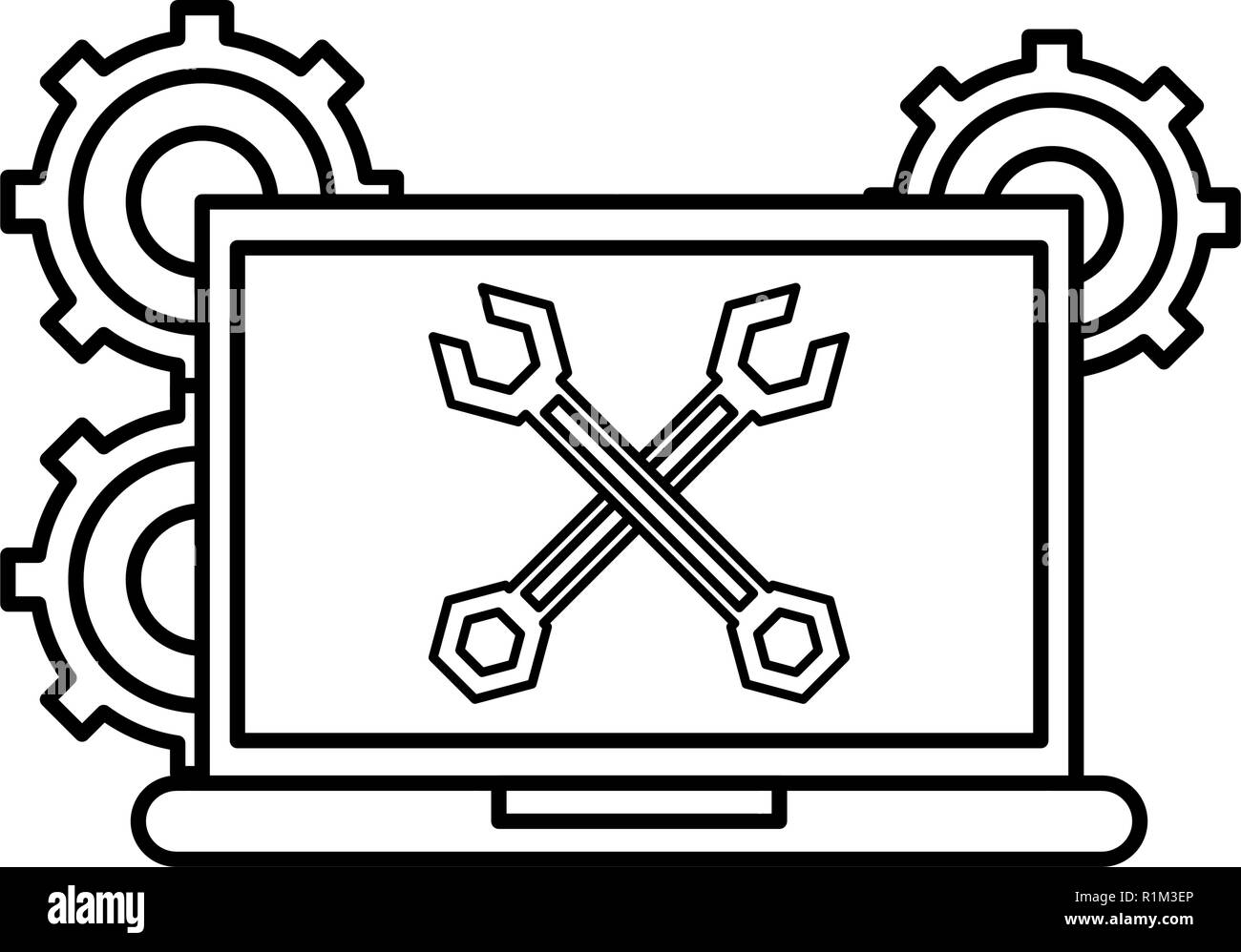 Laptop with tools and gears black and white vector illustration graphic ...
