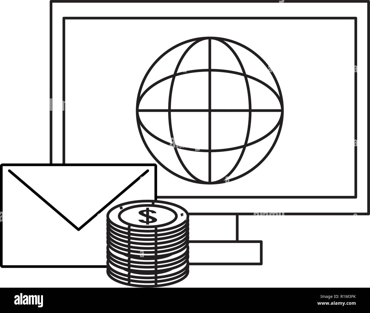 Computer and money with email black and white vector illustration ...