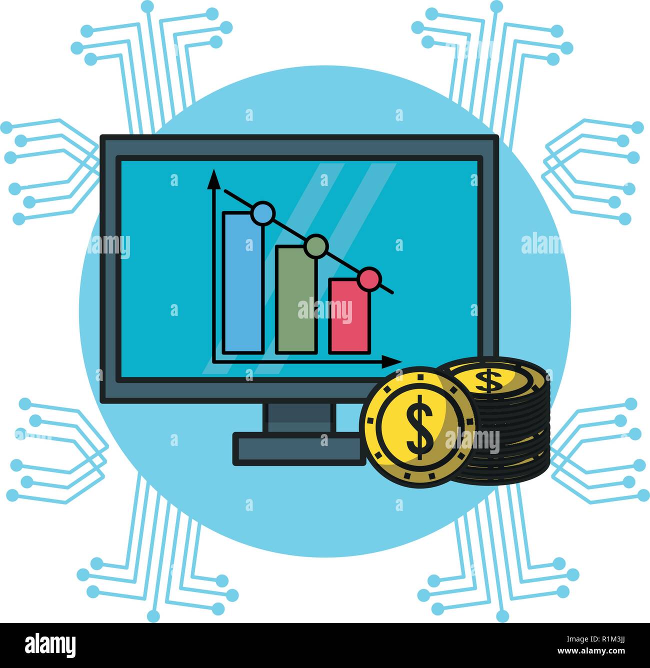 Computer with graph and coins over digital round emblem vector ...