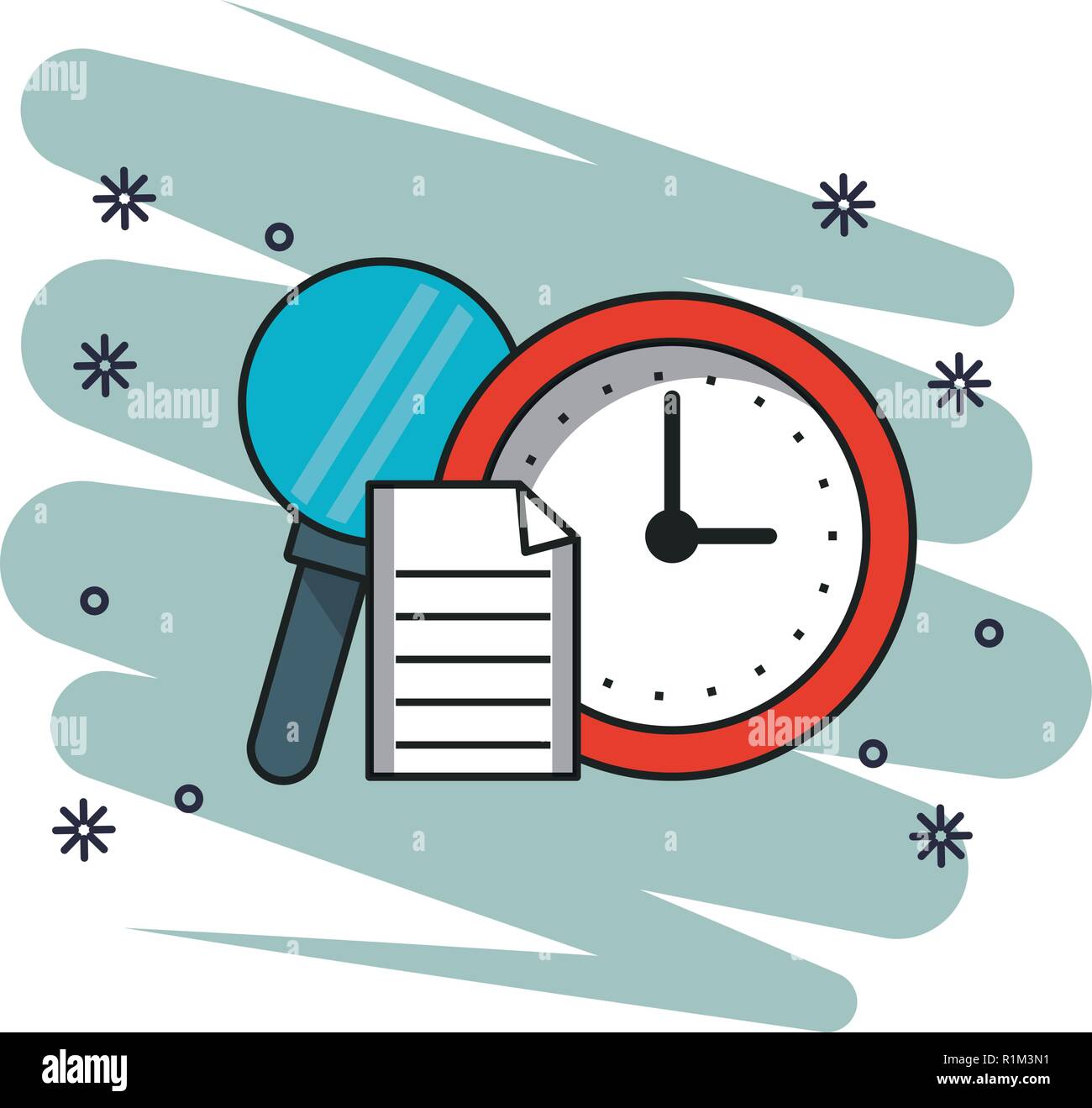 Clock with magnifying glass and timer over grunge background with stars ...