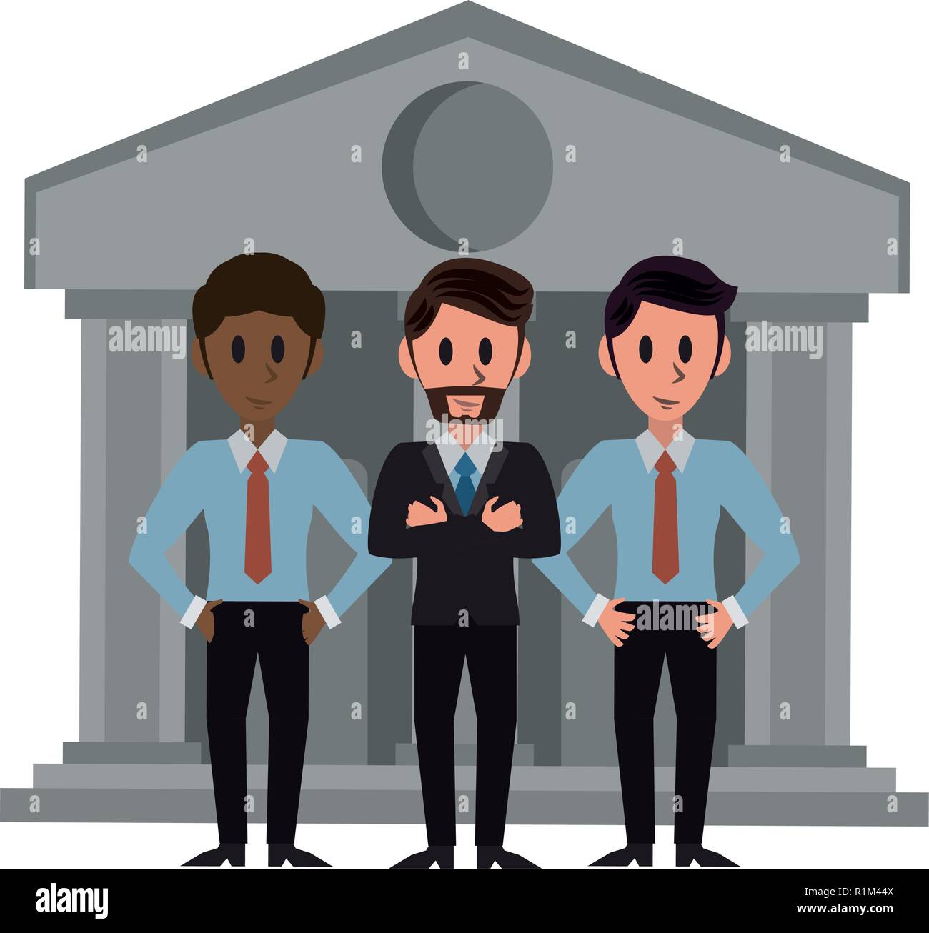Bankers business teamwork over bank building vector illustration ...