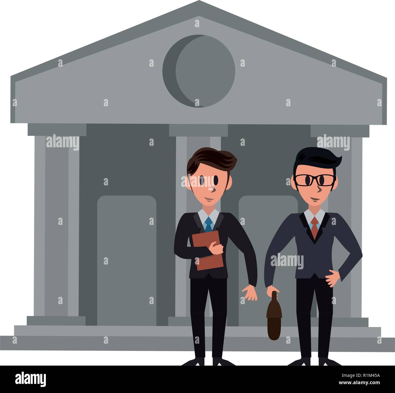 Bankers business teamwork over bank building vector illustration ...