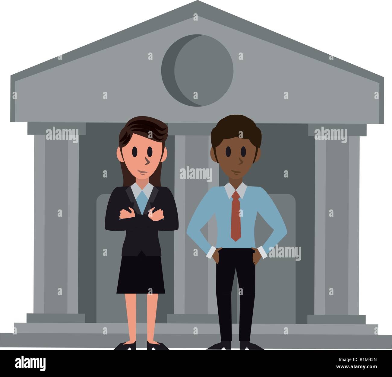 Bankers business teamwork over bank building vector illustration ...