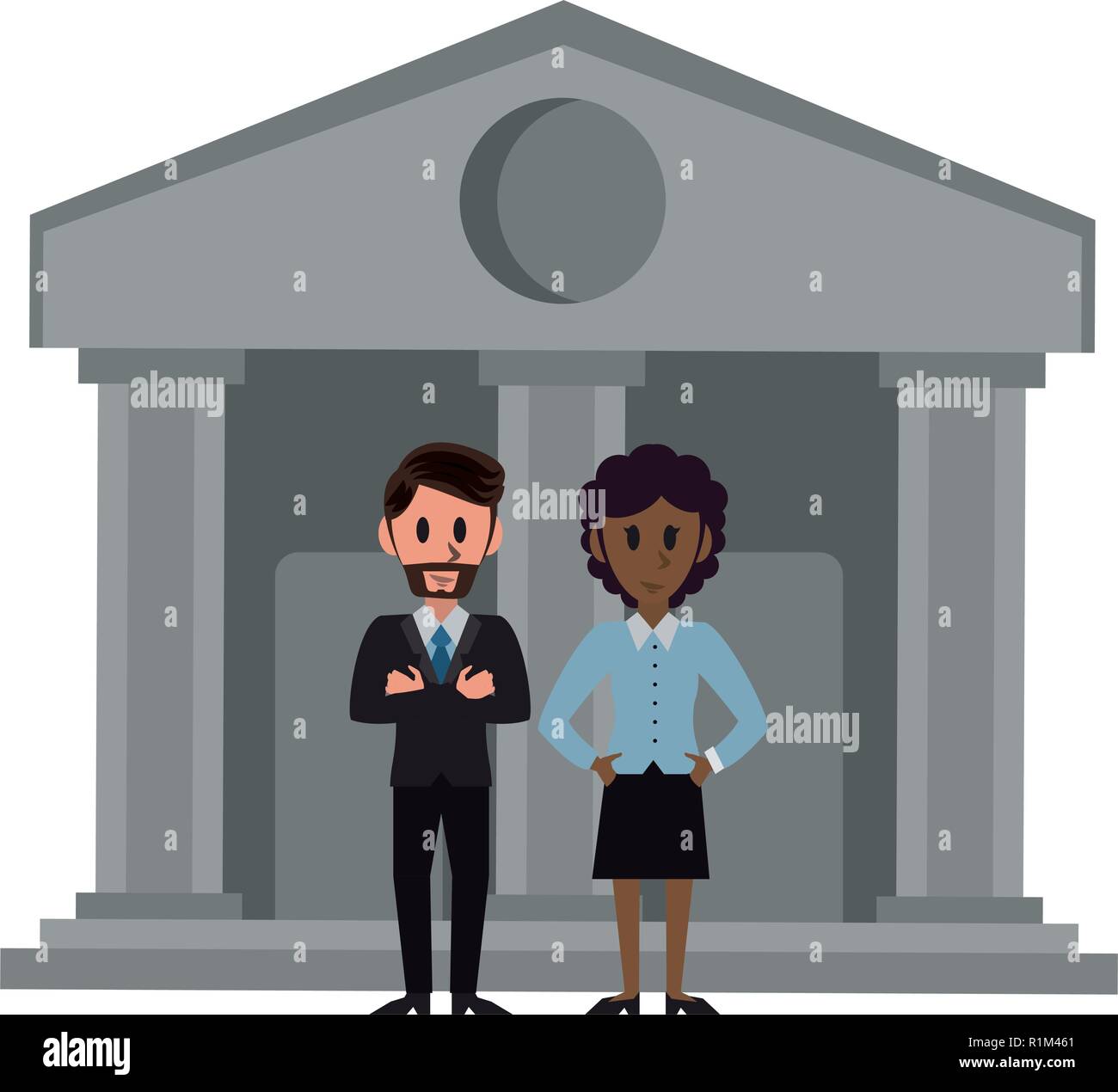 Bankers business teamwork over bank building vector illustration ...