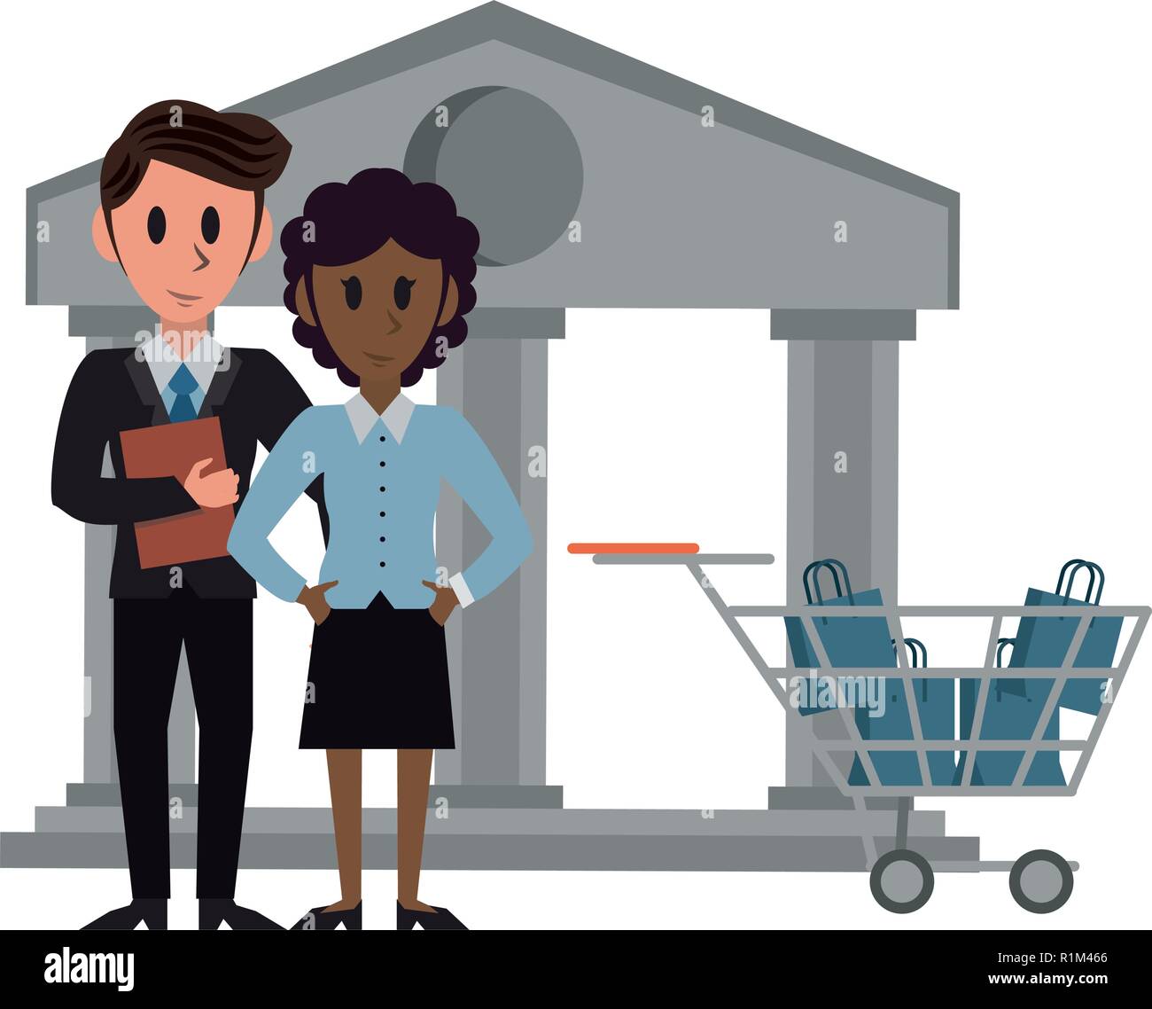 Bankers and shopping cart over bank building vector illustration ...