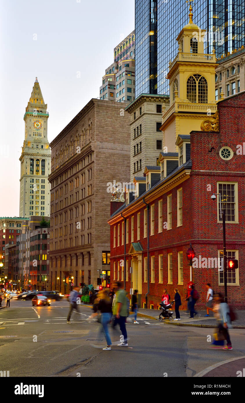 Old State House building with view down State Street to tower of Custom ...