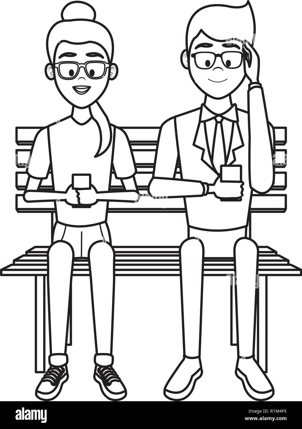 People using smartphones and seated on wooden bench in black and white ...