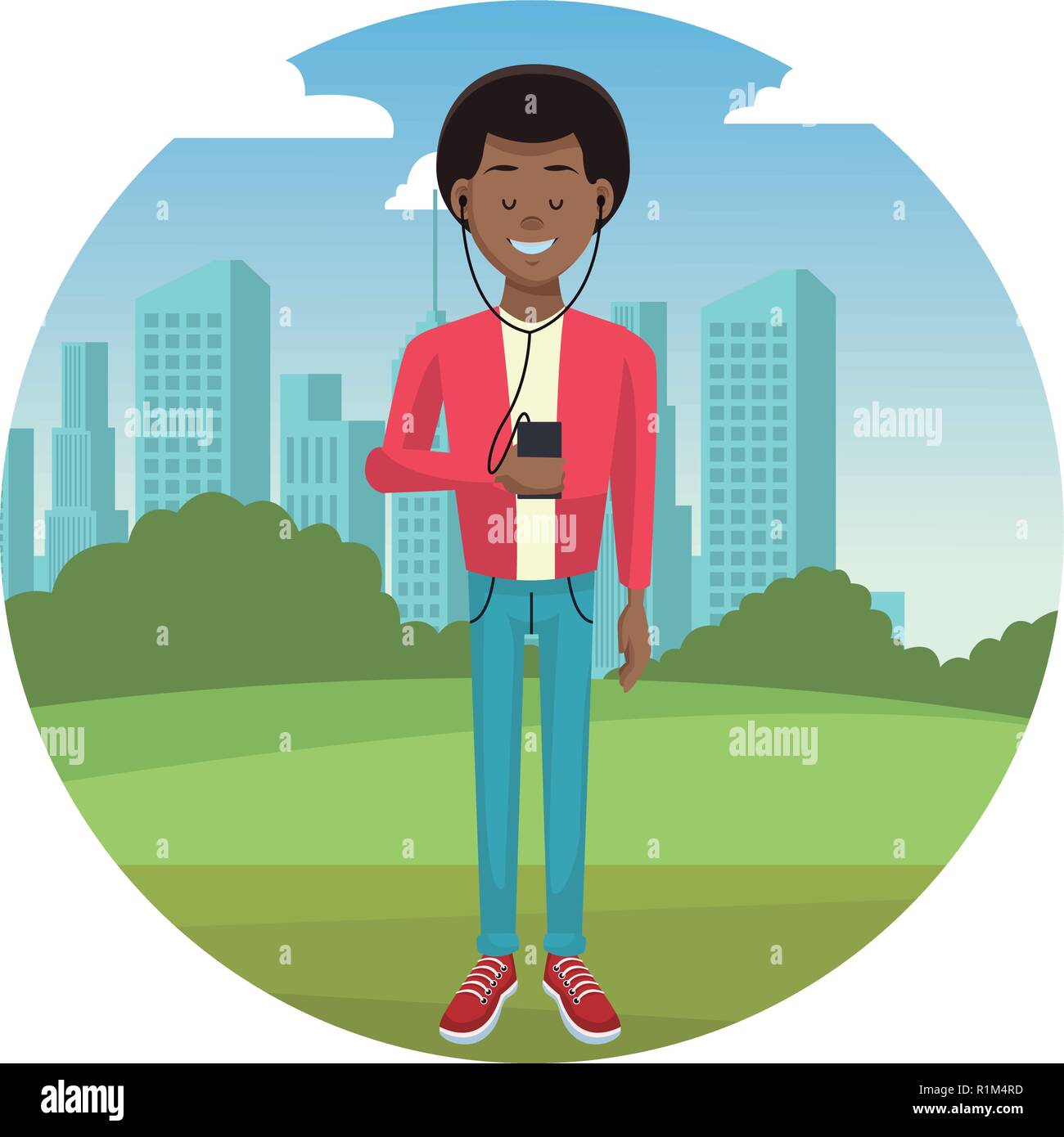 Young man listening music with player at city park round icon vector ...