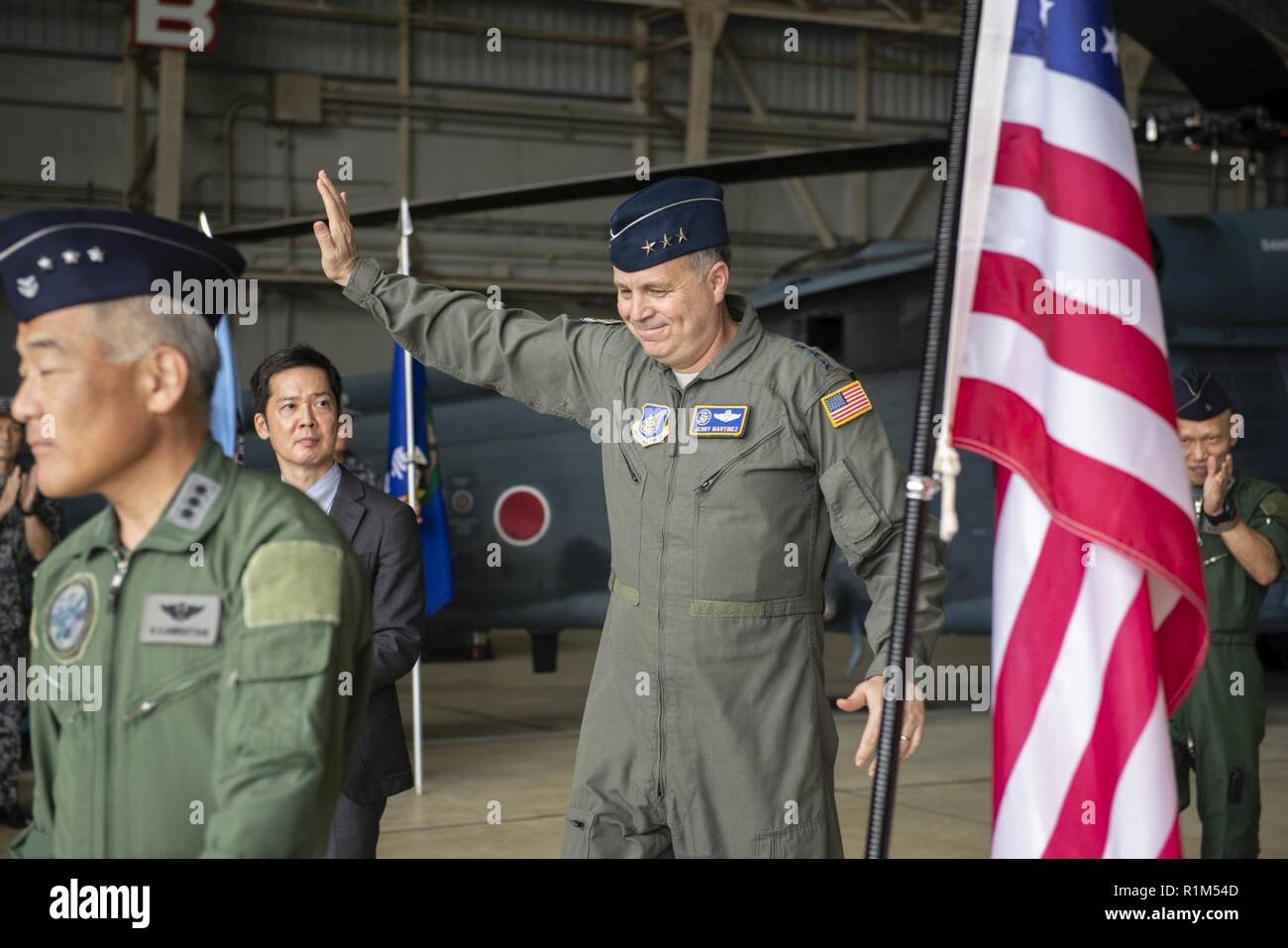 Lt. Gen. Jerry Martinez, U.S. Forces, Japan, commander, waves goodbye ...