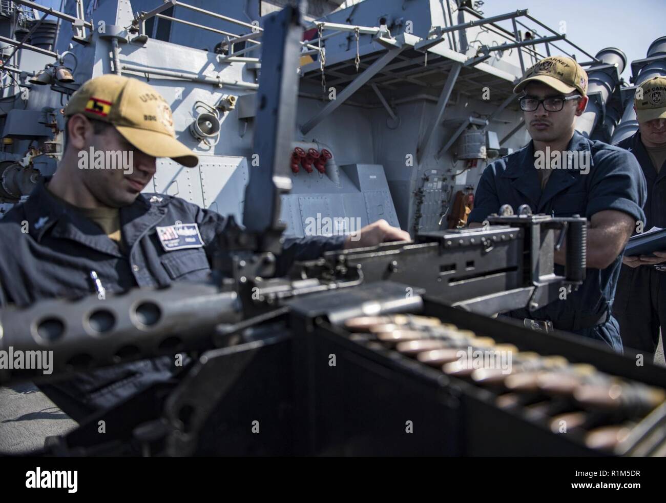 MEDITERRANEAN SEA (Oct. 18, 2018) Sailors inspect a .50-caliber machine ...