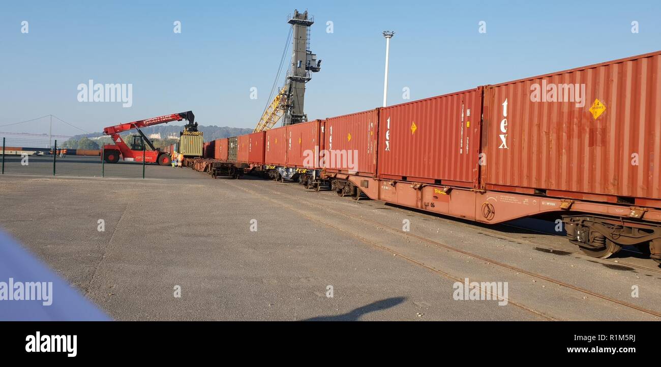 An ammunition container is loaded onto a French Commercial Railway ...